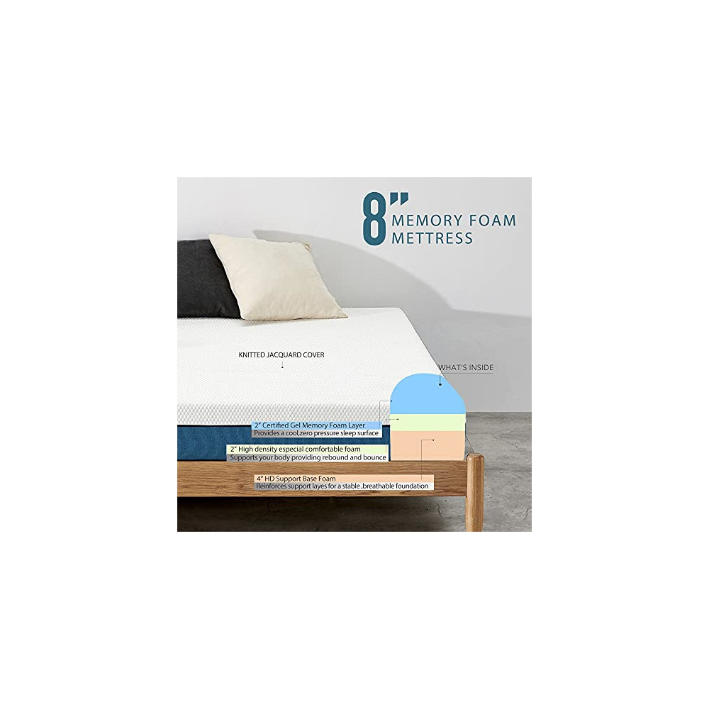 Queen Mattress, IYEE NATURE 8 inch Gel Memory Foam Mattress in a ...